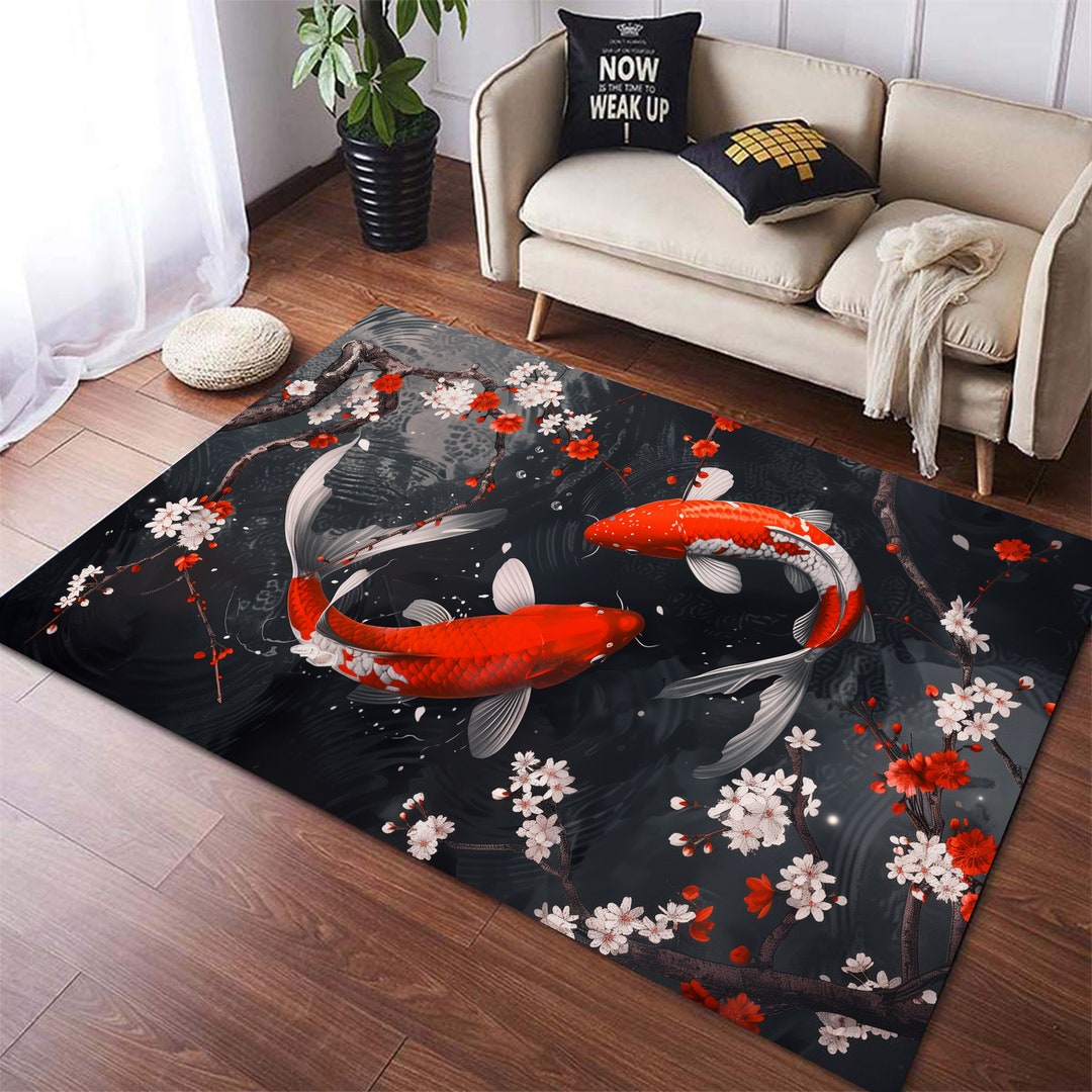 Koi Fish Rug, Couple Koi Fish Rug, Cherry Blossom Koi Fishes Rug ...