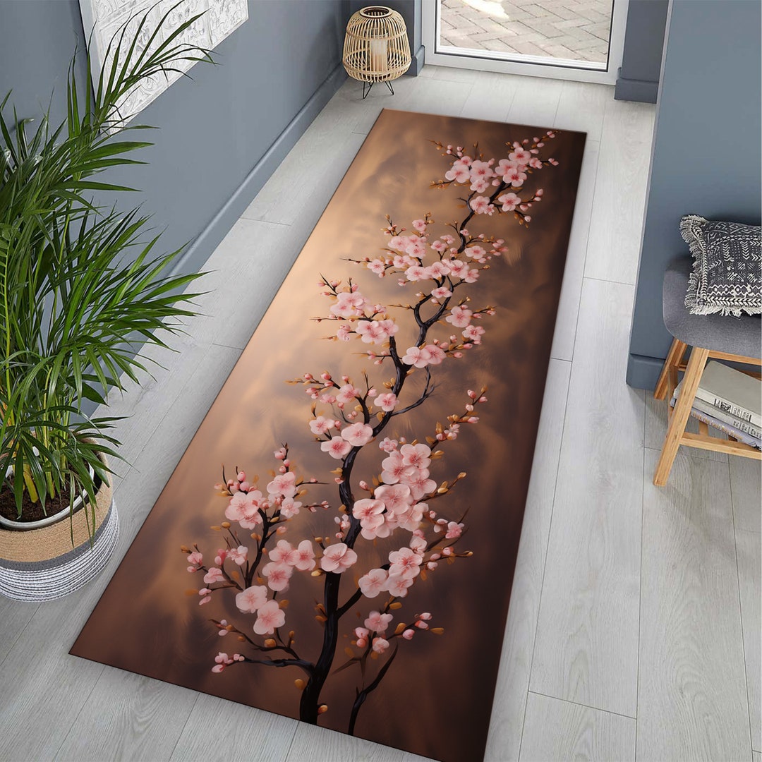 Pink and Brown Cherry Blossom Rug, Cherry Blossom Runner, Cherry ...