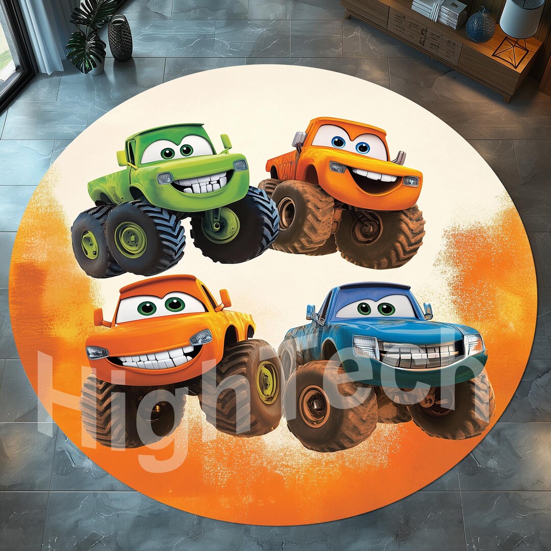 2D Monster Truck Rug, Cartoon Characters Truck Rug, Monster Truck Round ...