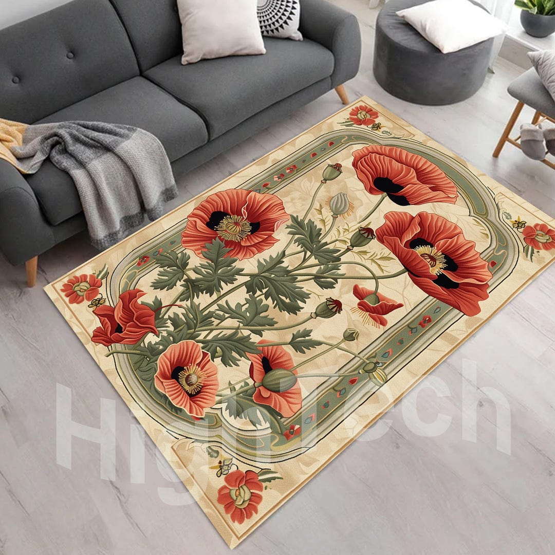 Oriental Poppy Rug, Red Poppy Rug, Floral Poppies Rug, Aesthetic ...