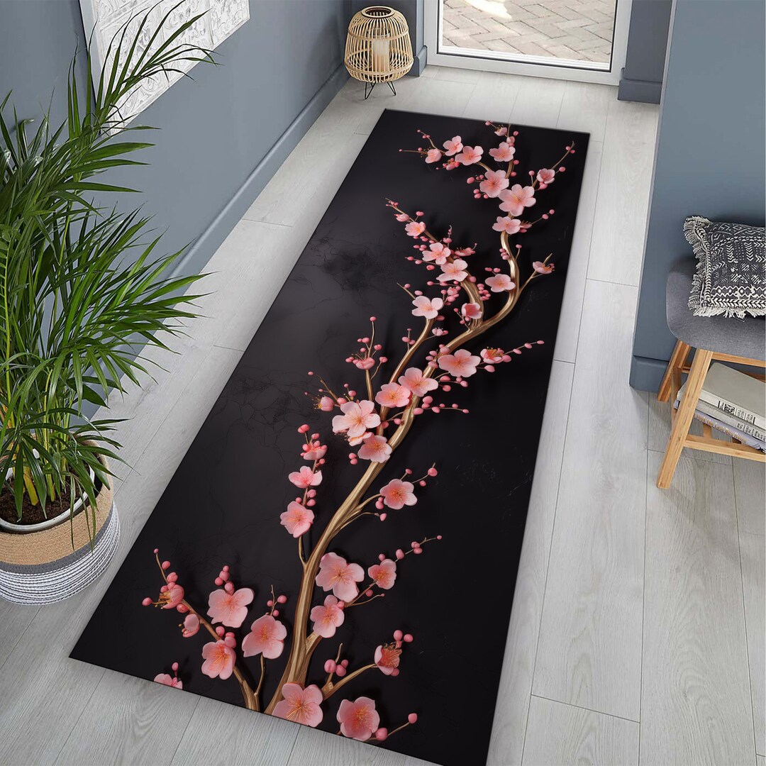 Pink and Black Cherry Blossom Rug, Cherry Blossom Runner, Cherry ...