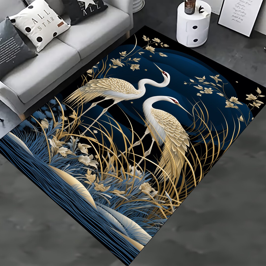 Crane Couple Rug, Japanese Night Scene Rug, Floral Cranes Rug, Gold and ...