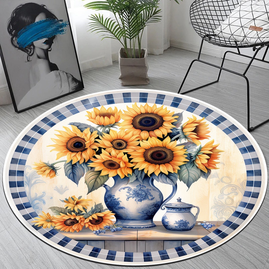 Sunflower Round Rug, Blue Plaid Sunflower Rug, Sunflower Ceramic Vase ...