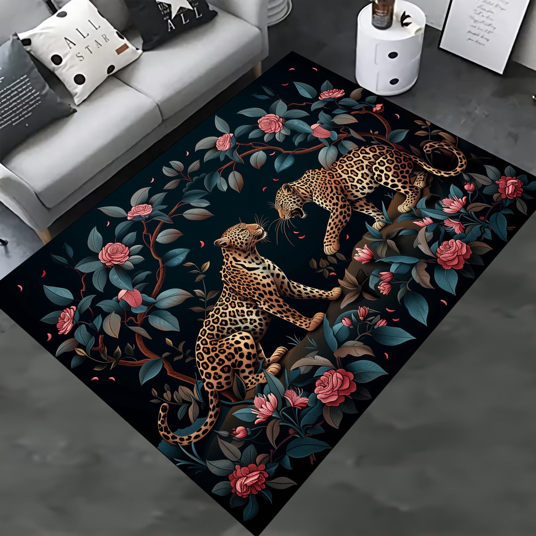 Gobelin Leopard Rug, Couple Leopard Rug, Leopard Rug, Floral Leopard ...