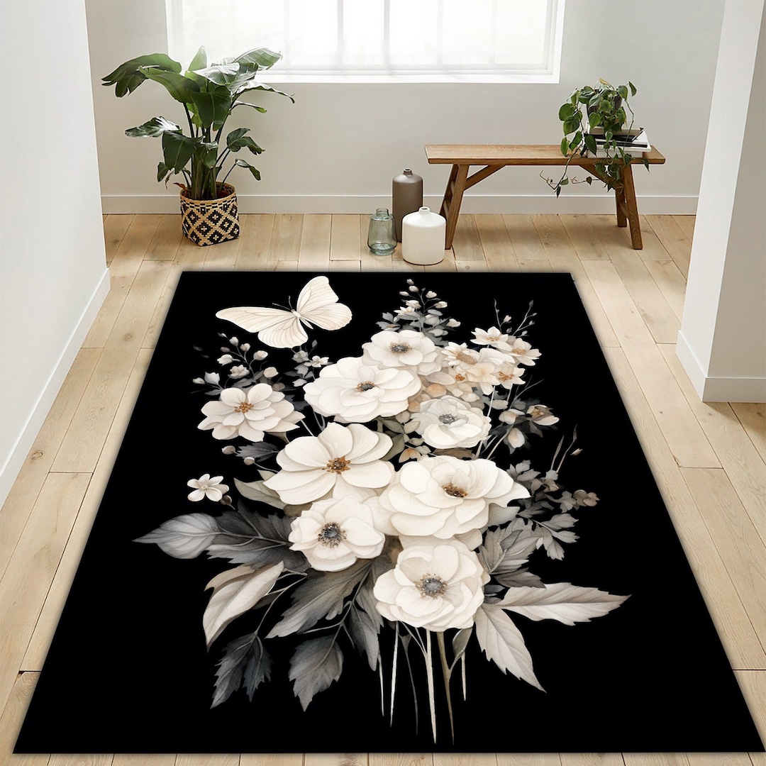 Black and White Flower Rug, Watercolors Flower Rug, Minimalist White ...
