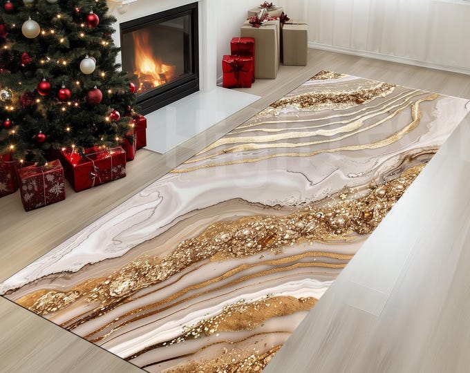 Gold Marble Rug, Gold Marble Runner, Gold Marble Long Rug, Gold Marble ...
