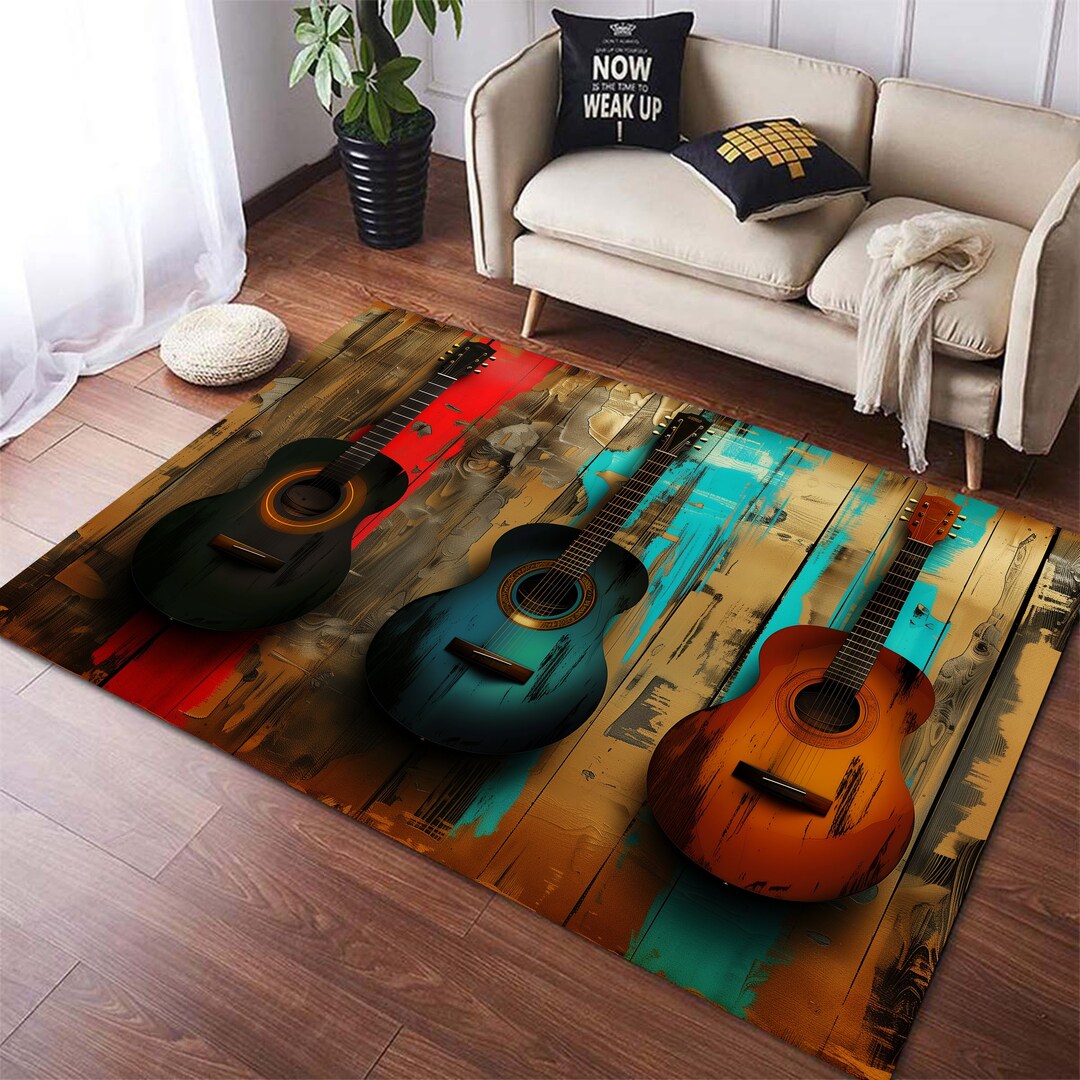 Guitar Rug, Rustic Gold Design Guitar Rug, Music Rug, Music Room Rug ...