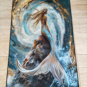 Gold Blue Mermaid Rug, Mermaid Rug, Vortex Mermaid Rug, Fantasy Mermaid ...