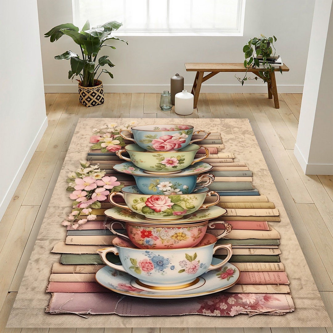 Tea Cups Rug, Floral Cups Rug, Coffee Cups Rug, Housewarming Decor Rug ...