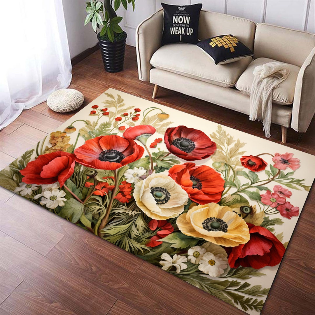 Vintage Style Poppy Rug, Floral Poppies Rug, Botanic Flower Rug, Nature ...