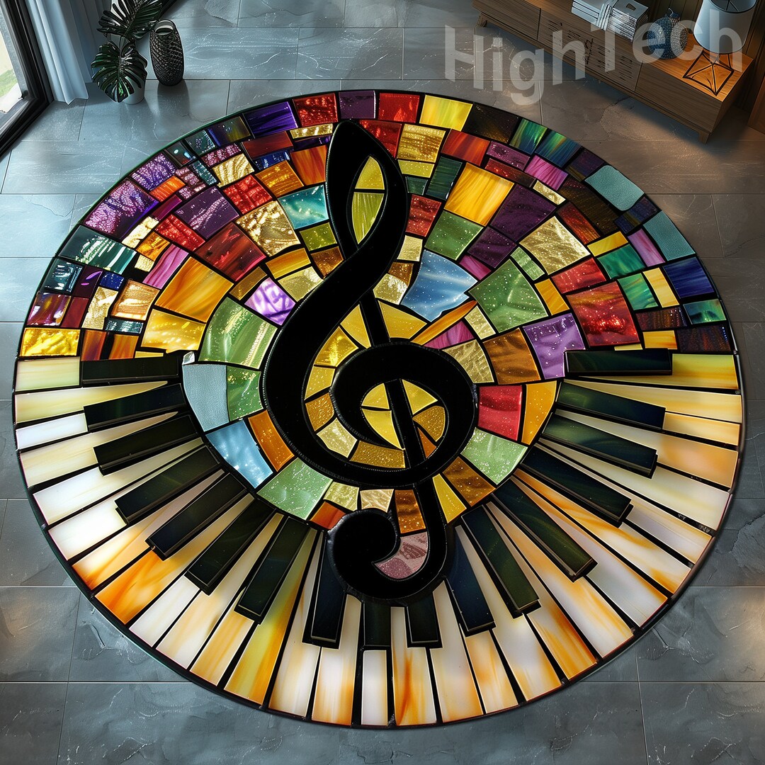 Clef Rug, Piano Keyboard Rug, Stained Glass Art Music Rug, Clef Round ...