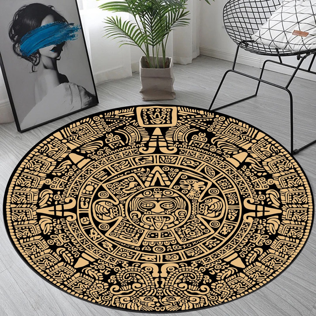 Mayan Calendar Rug, Round Ancient Mayan Symbols Rug, Ancient American ...