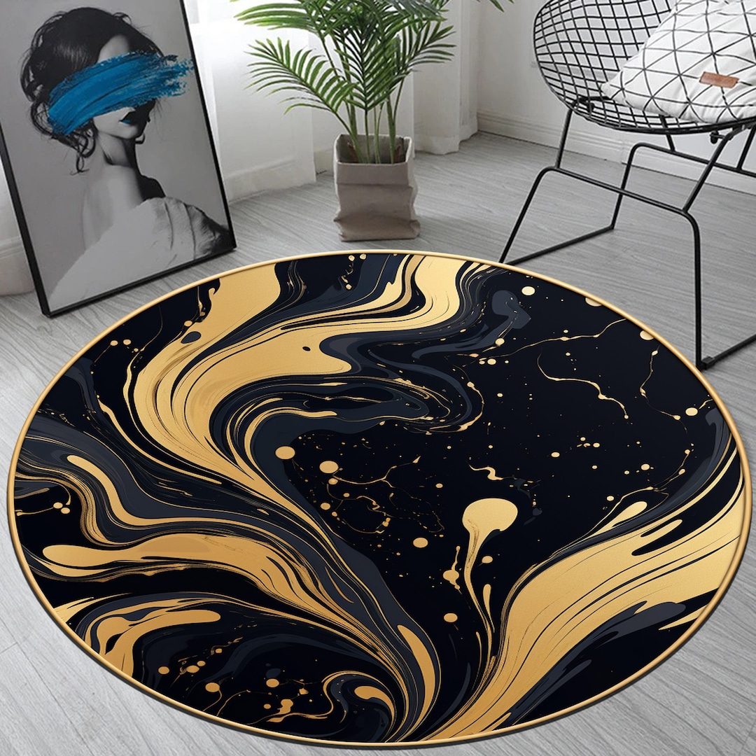 Black Gold Marble Round Rug, Gold Marble Rug, Black Marble Round Rug ...