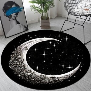 Crescent Moon Art Rug, Crescent Moon and Stars Rug, Black and White Rug ...