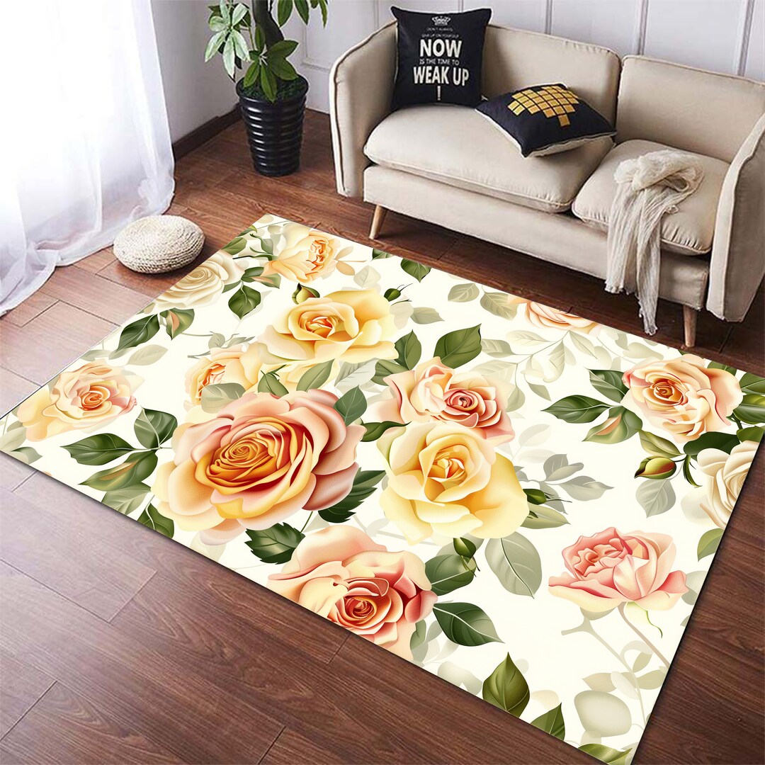 Yellow Rose Rug, Rose Pattern Rug, Floral Rose Rug, Watercolor Roses ...
