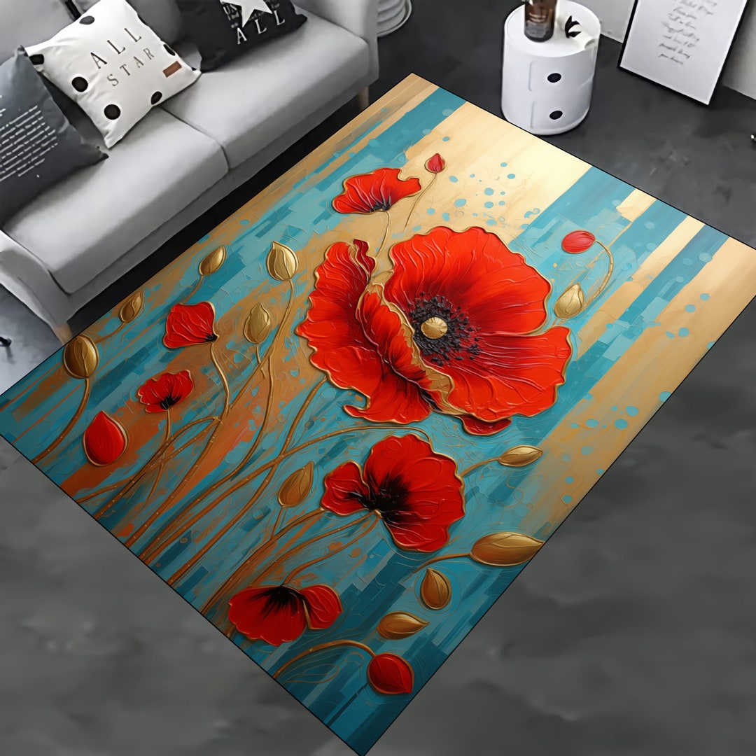 Red Poppy Rug, Poppy Fine Art Rug, Floral Poppies Rug, Floral Rug ...