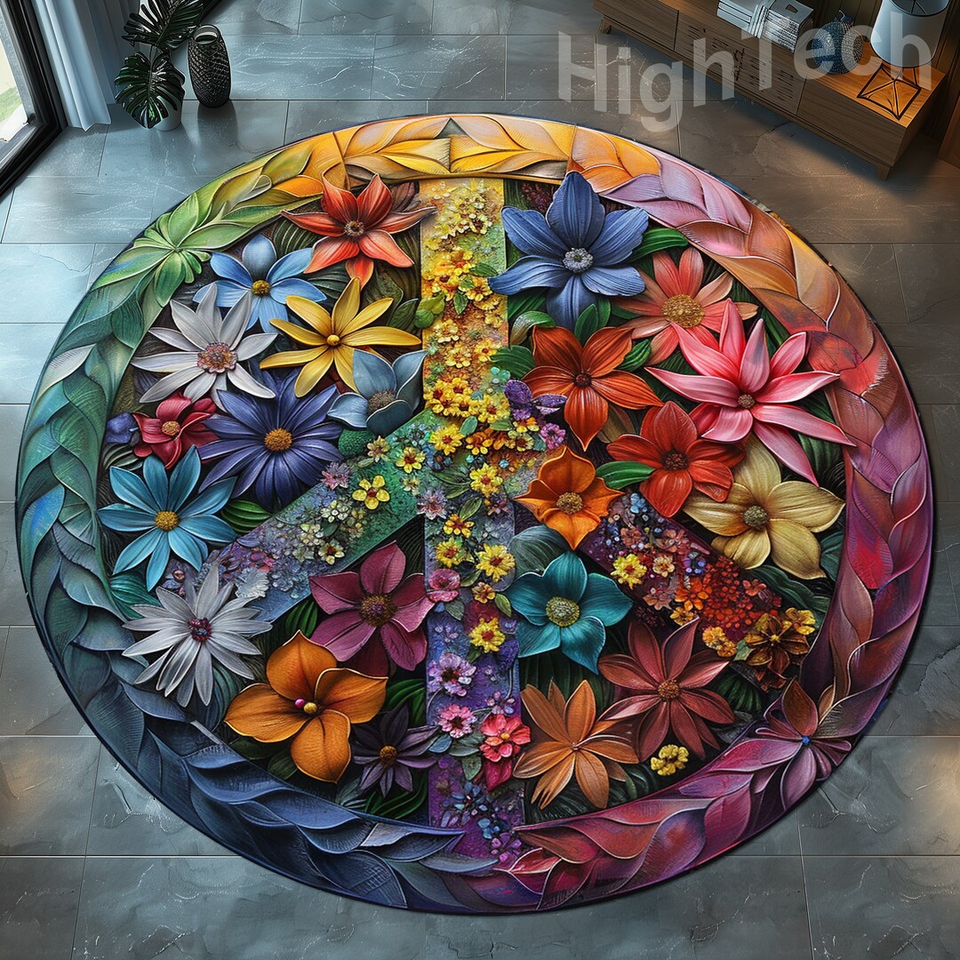 Peace Sign Rug, Colorful Floral Peace Sign Rug, Flowers Peace Sign Rug ...