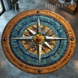 Mosaic Compass Rug, Compass Round Rug, Deep Sea Blue Compass Rug ...