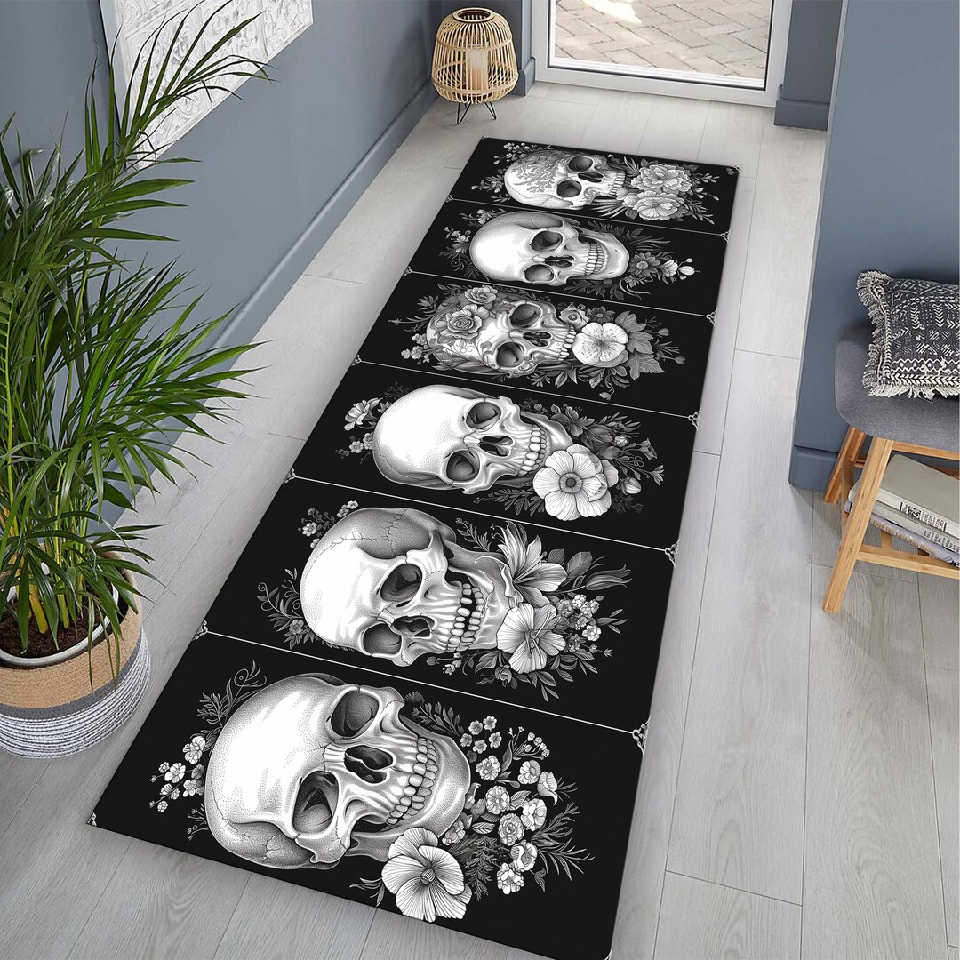 Skull Rug, Black and White Skulls Runner Rug, Floral Skulls Long Rug ...