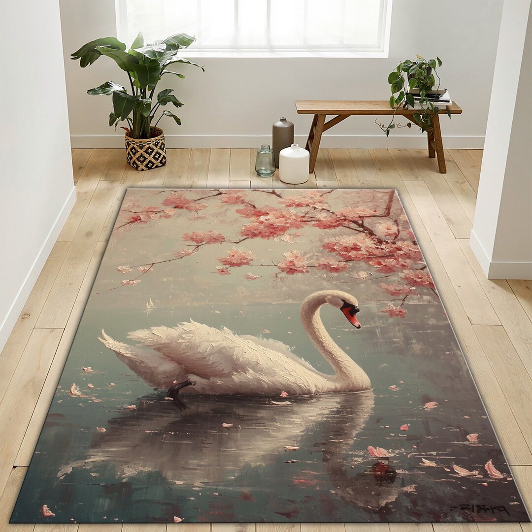 Swan Rug, White Swan Rug, Cherry Blossom Rug, Oil Painting Swan Rug ...