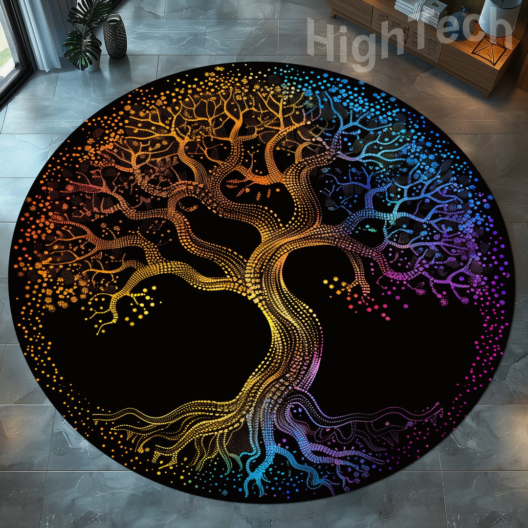 Tree of Life Round Rug, Tree of Life Rug, Tree of Life Pointillism Art ...