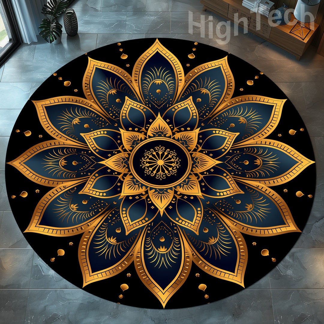 Mandala Rug, Mandala Round Rug, Gold Black and Navy Blue Mandala Rug ...