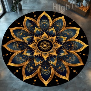 Mandala Rug, Mandala Round Rug, Gold Black and Navy Blue Mandala Rug ...