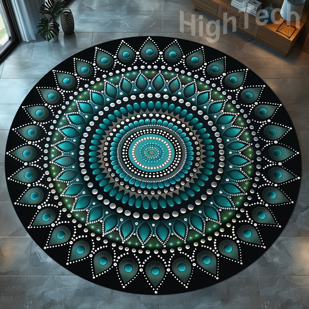 Pointillism Art Mandala Rug, Mandala Rug, Mandala Round Rug, Teal Color ...