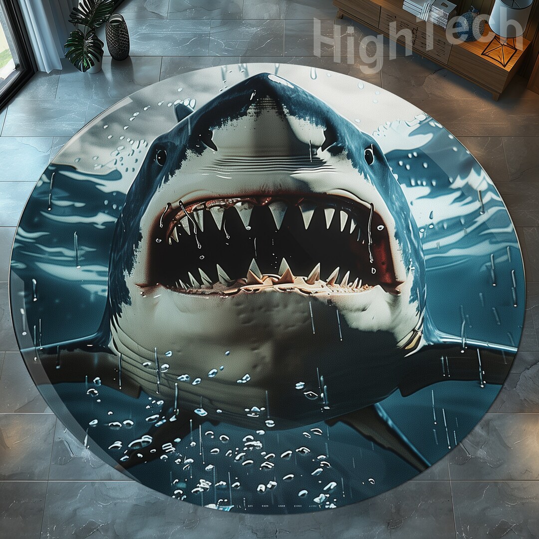 Shark Rug, Round Shark Rug, Hunter Shark Rug, 3D Shark Rug, Wild Sea ...