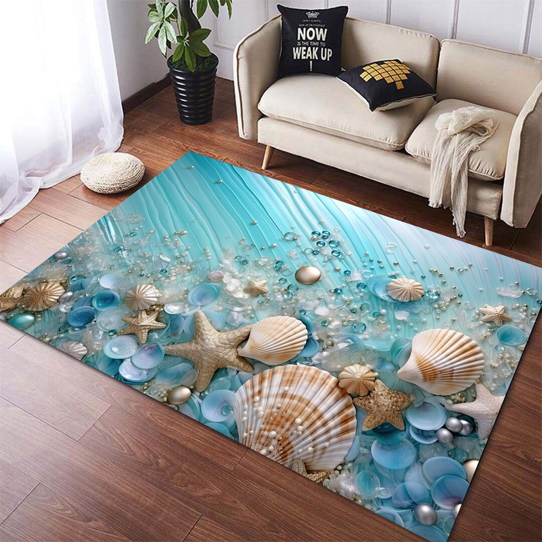 Starfish Rug, Shell Rug, Blue and Gold Sea Shell Rug, Blue Pearl Rug ...