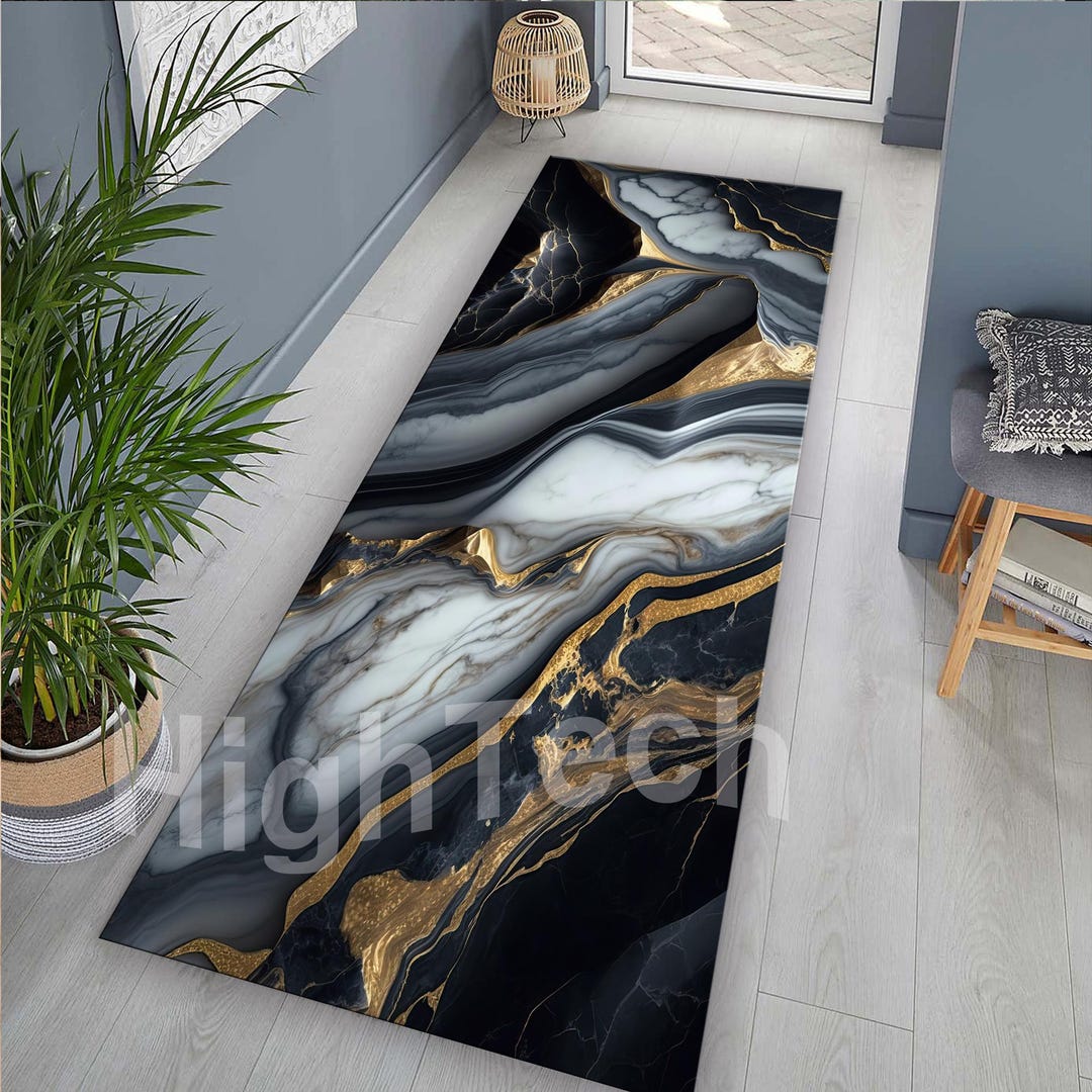Black Marble Hallway Rug, Marble Runner, Black and Gold Marble Rug ...
