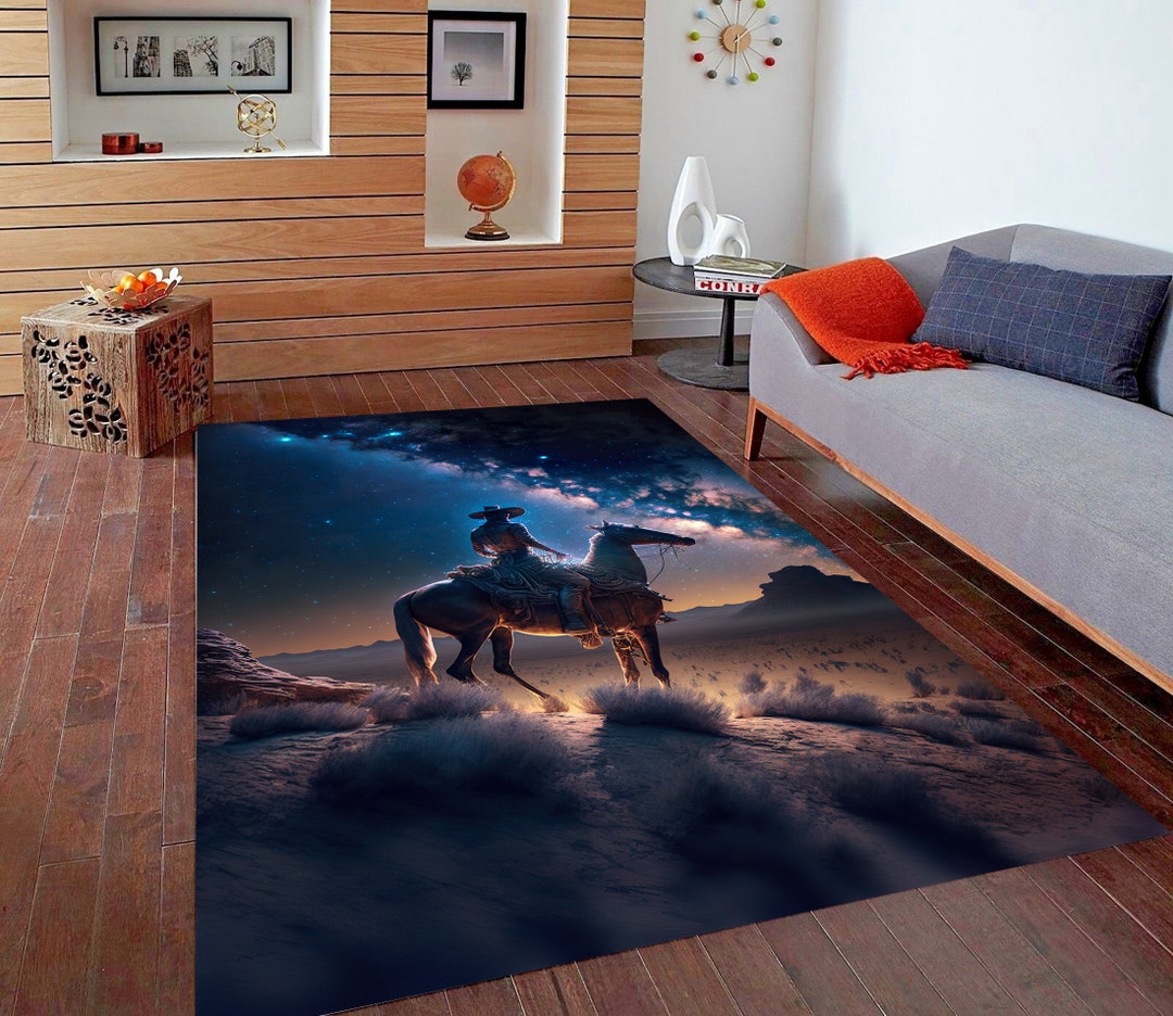 Western Cowboy Riding His Horse Night Milky Way Rug, Cowboy Rug, Cowboy ...
