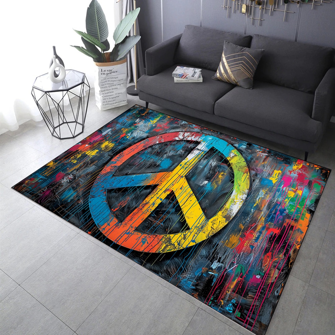 Peace Sign Rug, Pop Art Peace Sign Rug, Peace Sign Icon Rug, Oil ...