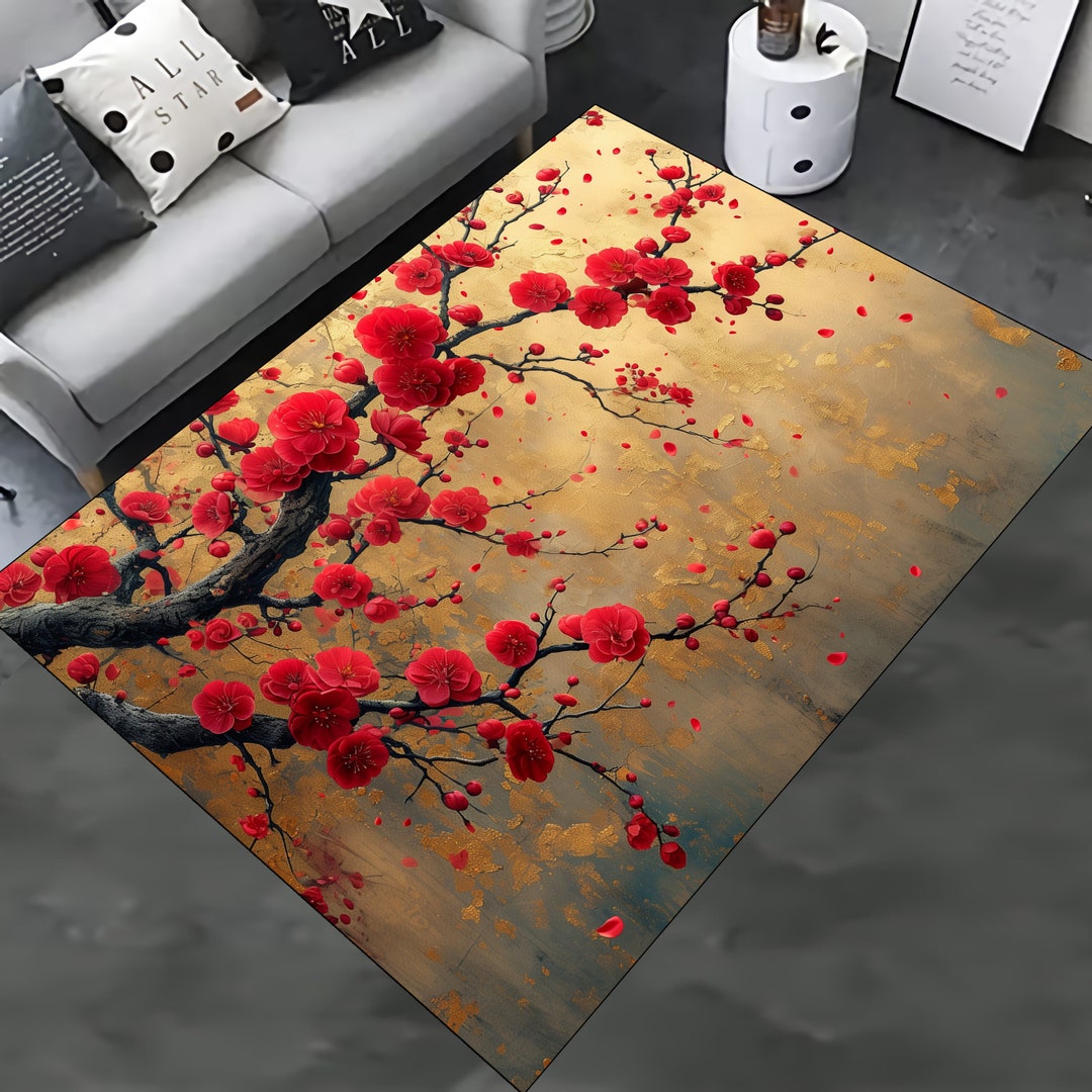 Red Sakura Tree Art Rug, Red and Gold Sakura Rug, Modern Cherry Blossom ...