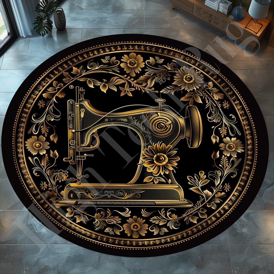 Black and Gold Color Sewing Rug, Floral Sewing Machine Rug, Vintage ...