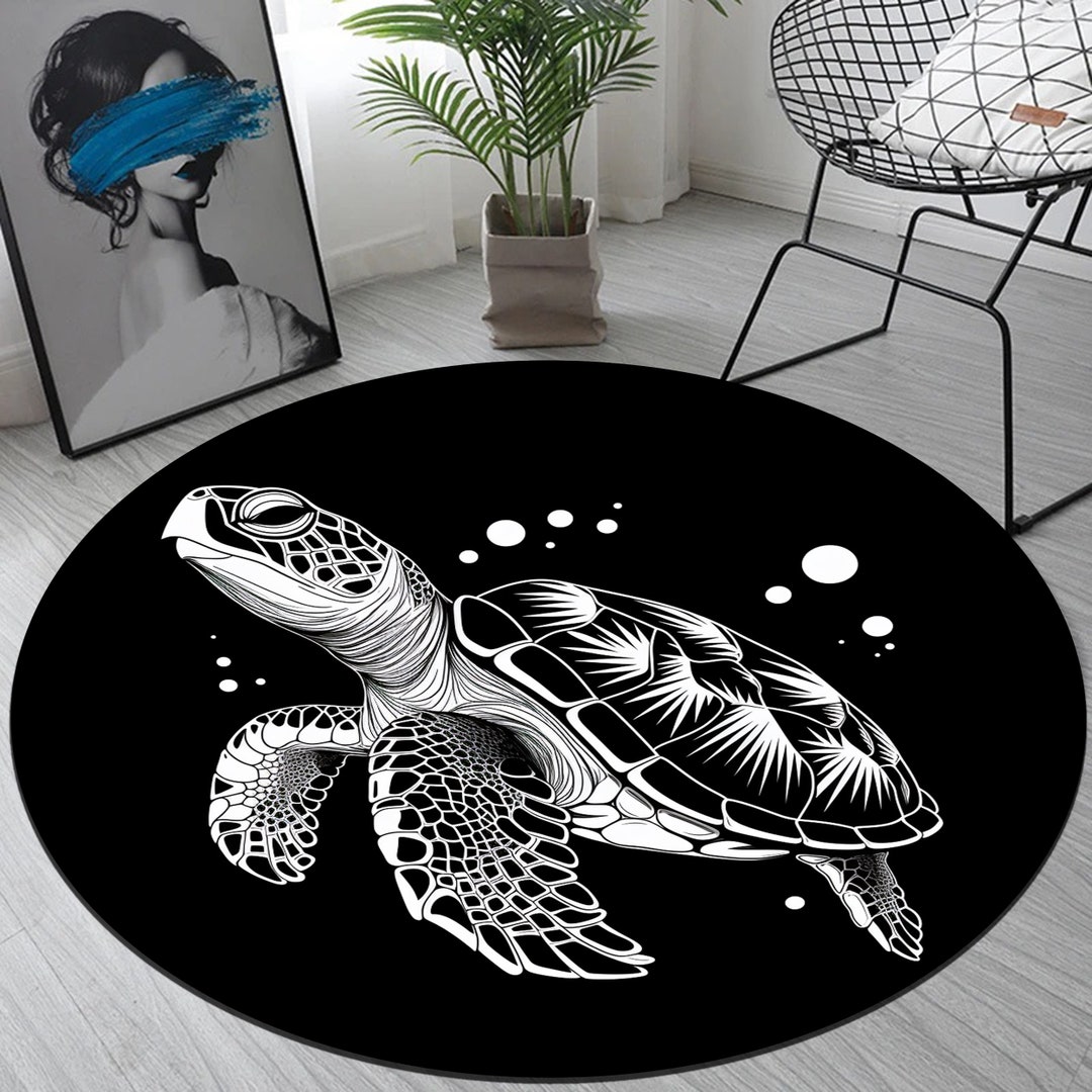 Caretta Rug, Sea Turtle Rug, Black and White Caretta Rug, Caretta Round ...