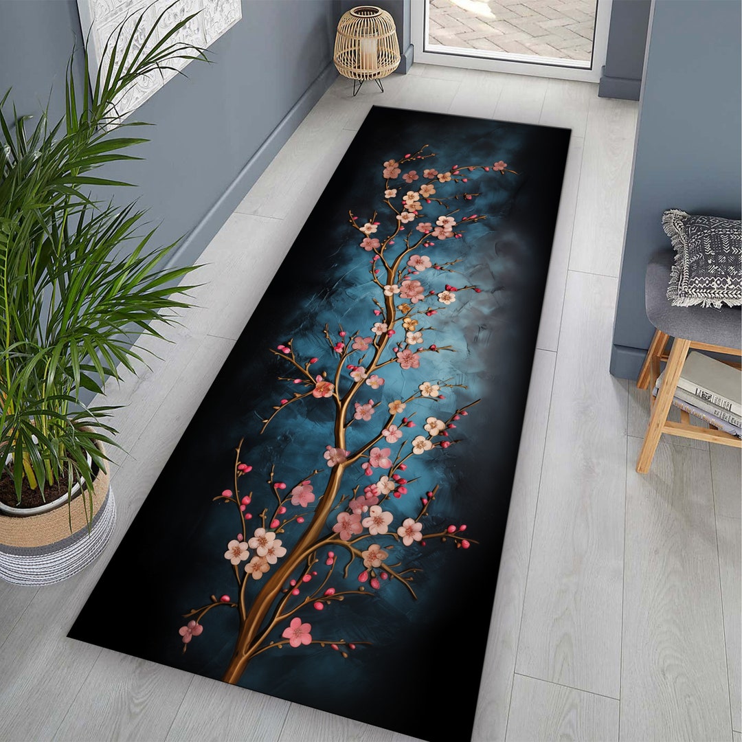 Pink and Blue Cherry Blossom Rug, Cherry Blossom Runner, Cherry Blossom ...
