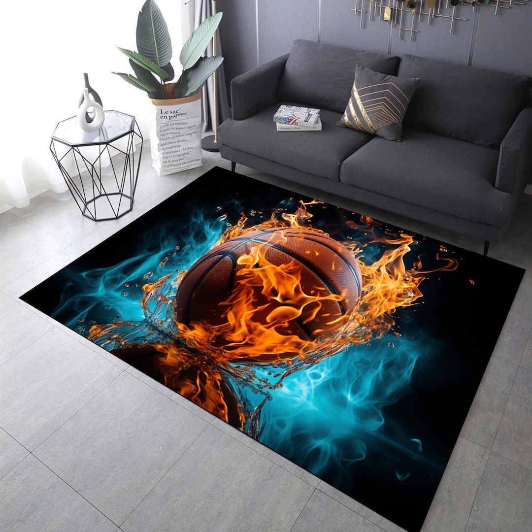 Basketball Rug, Basketball Fire and Ice Ball Rug, Sport Rug, Basketball ...