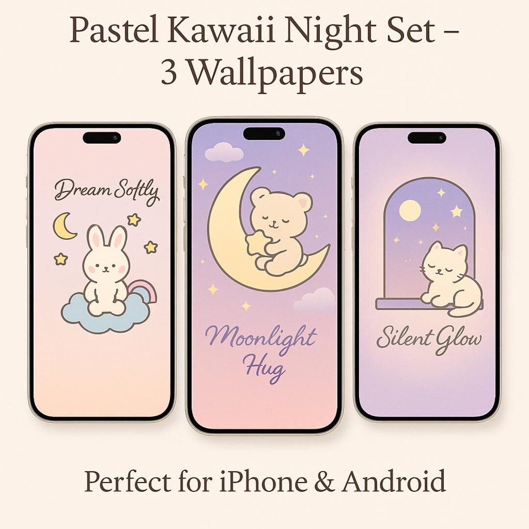 Kawaii Digital Wallpaper Set – Cute Cat, Bear, Bunny | iPhone Android ...