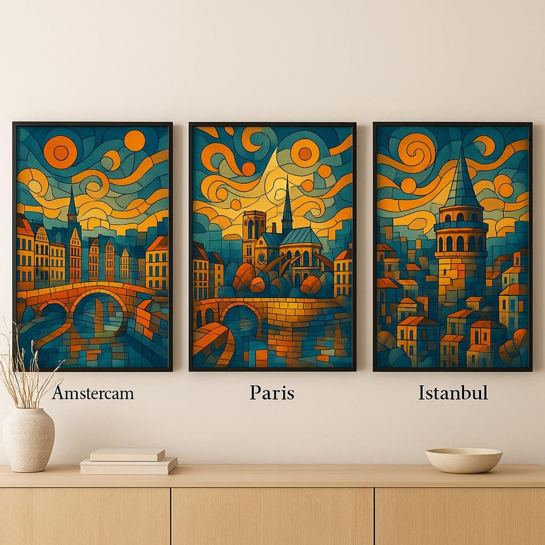 Cubist City Prints: Paris, Istanbul, Amsterdam Stained Glass Art ...