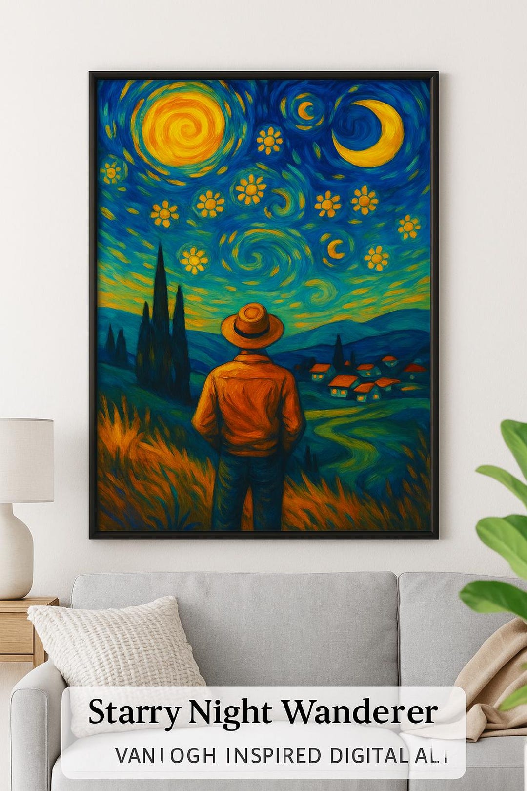 Starry Night Man – Van Gogh Inspired Celestial Landscape, Digital Wall ...