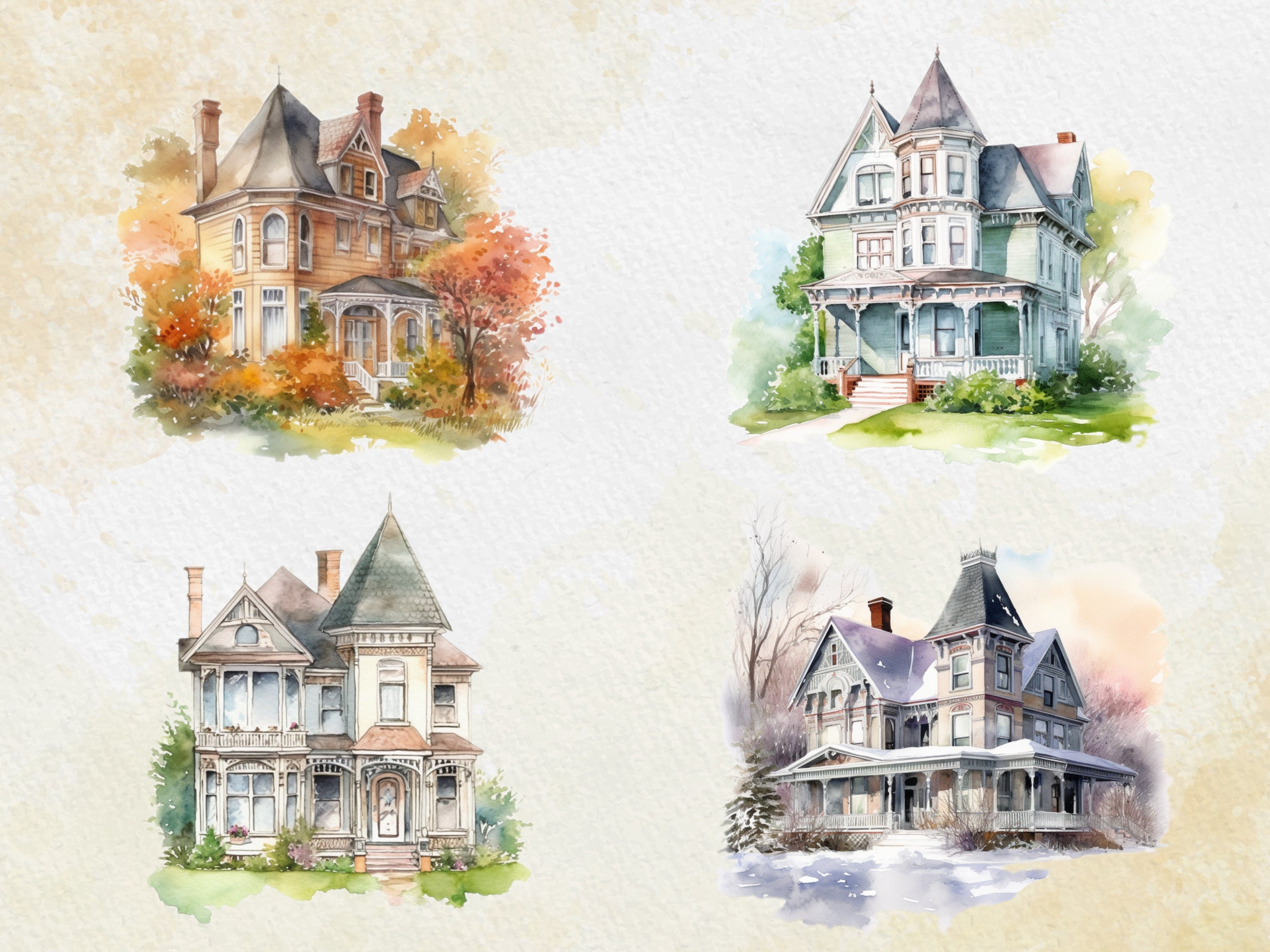 Victorian Houses Watercolor Clipart, Victorian Clipart, House Bundle ...