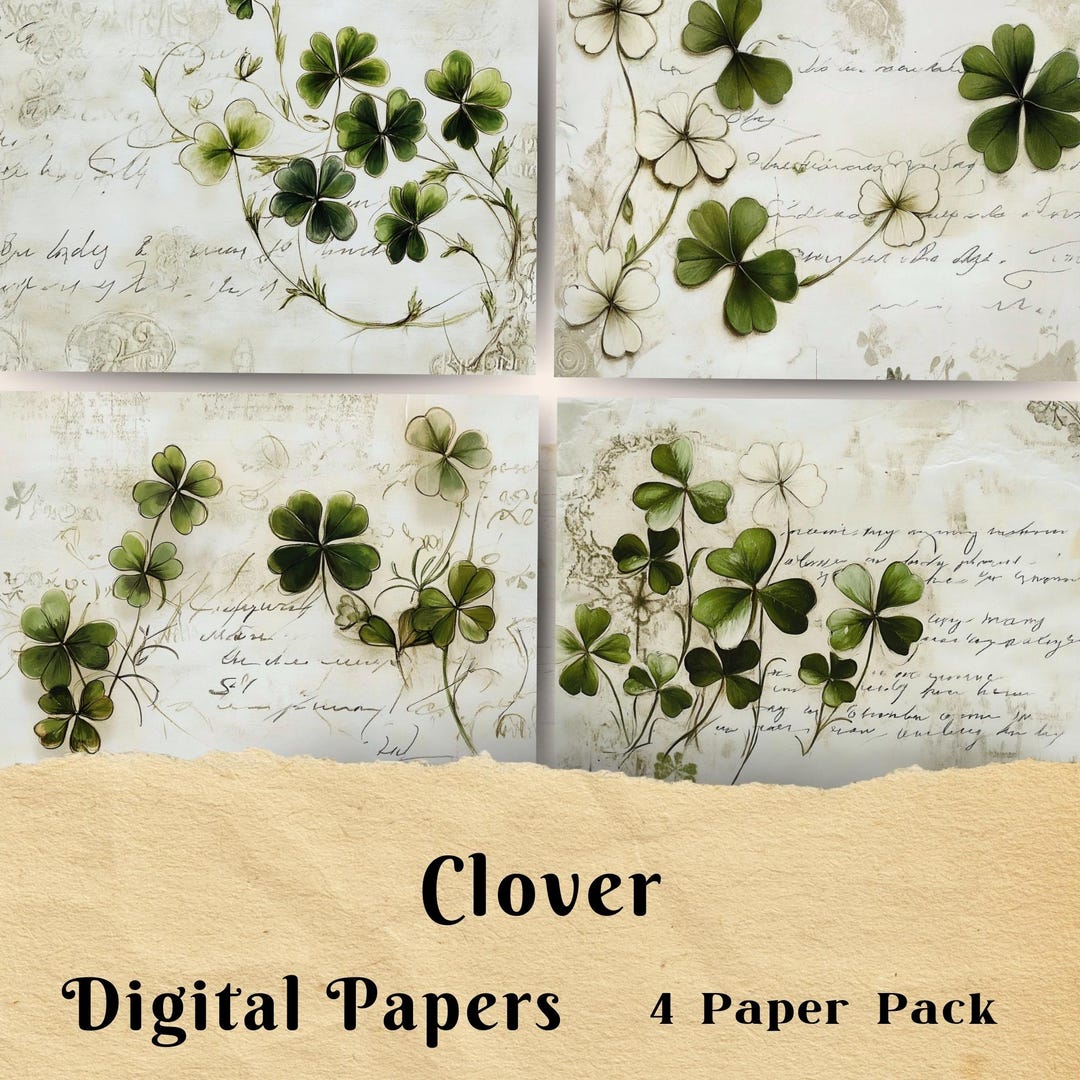 Clover Junk Journal Paper, Handwritten Script, Shamrock, Four-leaf ...