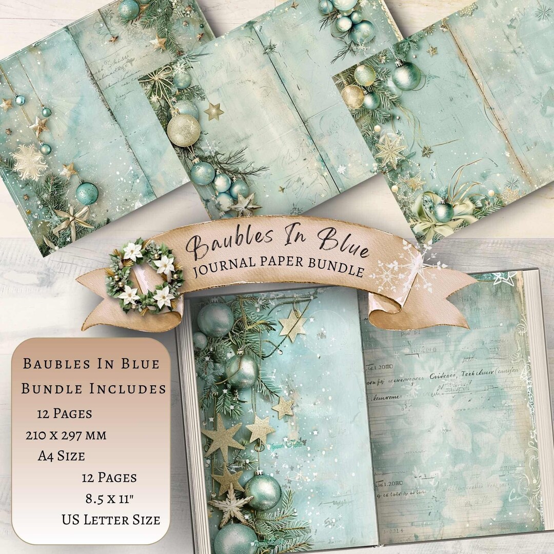 Blue Christmas Baubles Art Journal Pages: Printable Scrapbook Paper ...