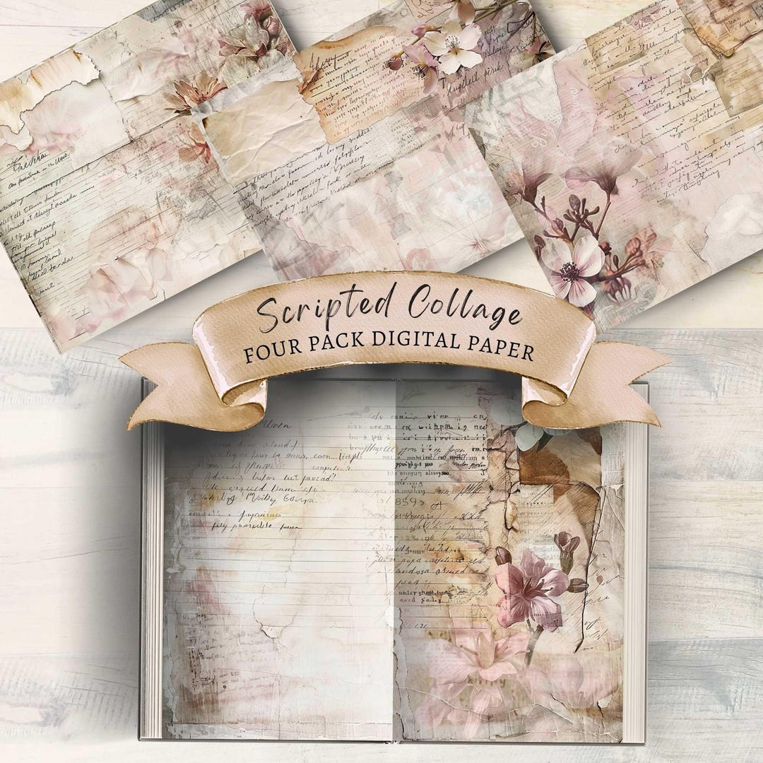 Scripted Collage, Junk Journal, Scrapbooking Paper, Floral Journal ...