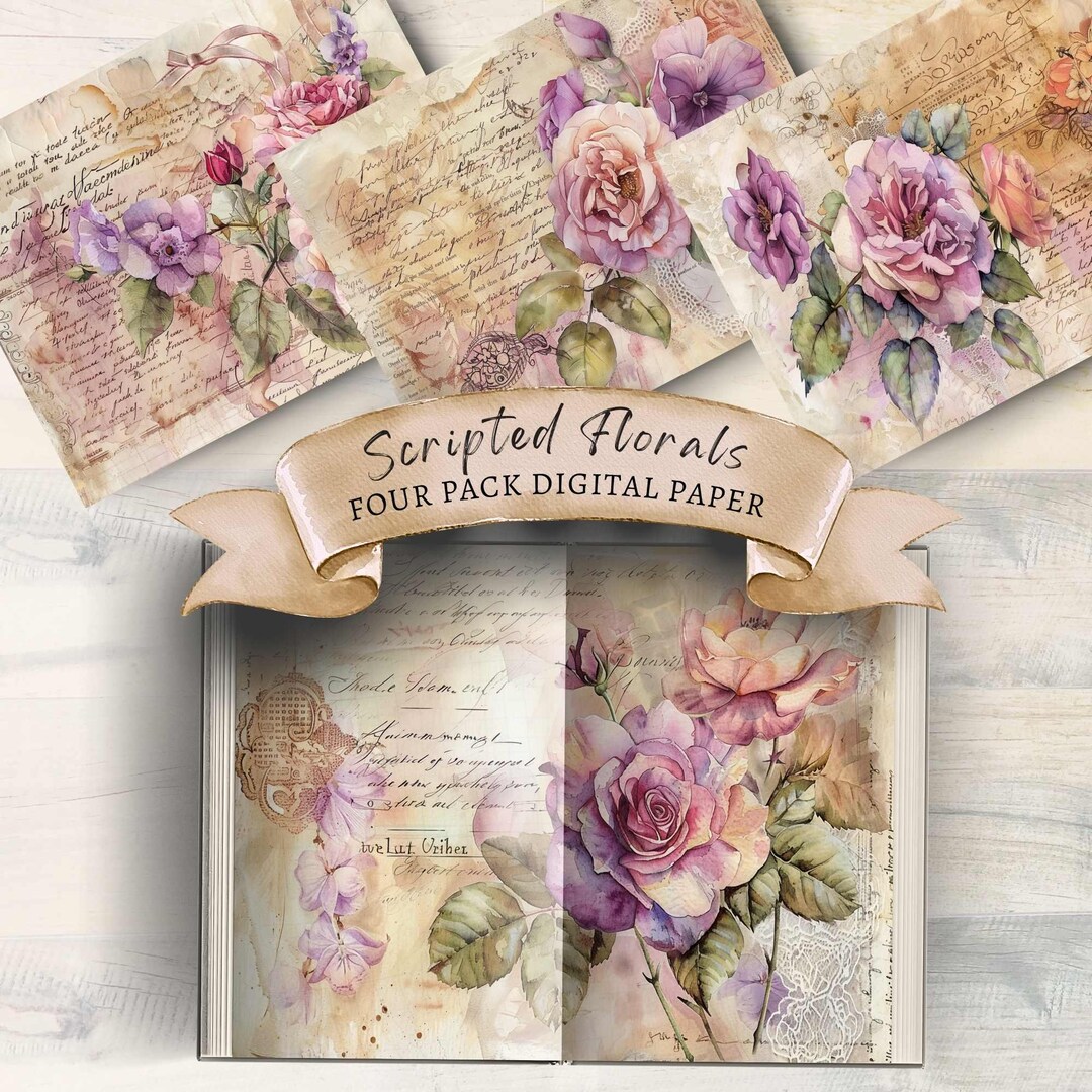 Scripted Florals, Junk Journal, Scrapbooking Paper, Floral Journal ...