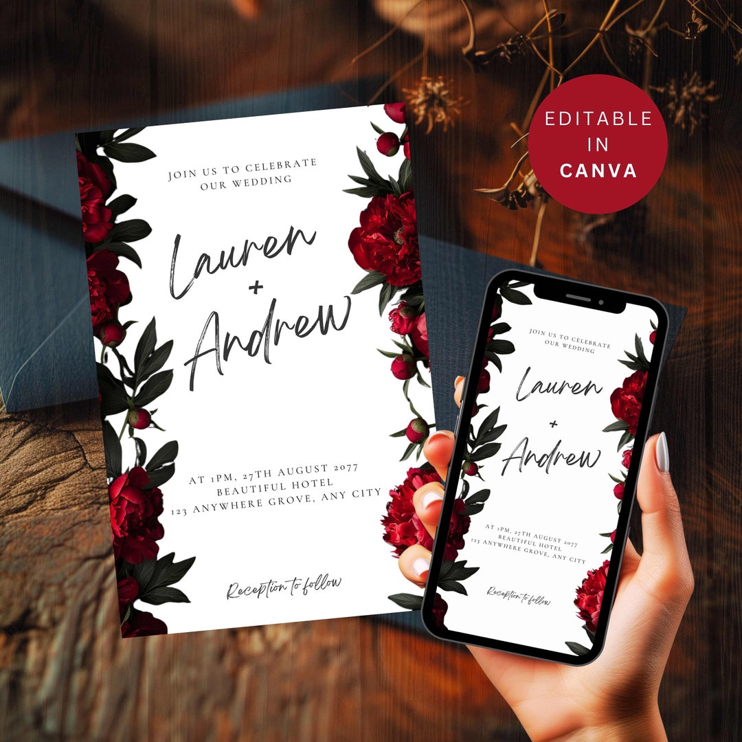 Burgundy Flower Wedding Invitation Template Bundle RSVP Card Wedding ...