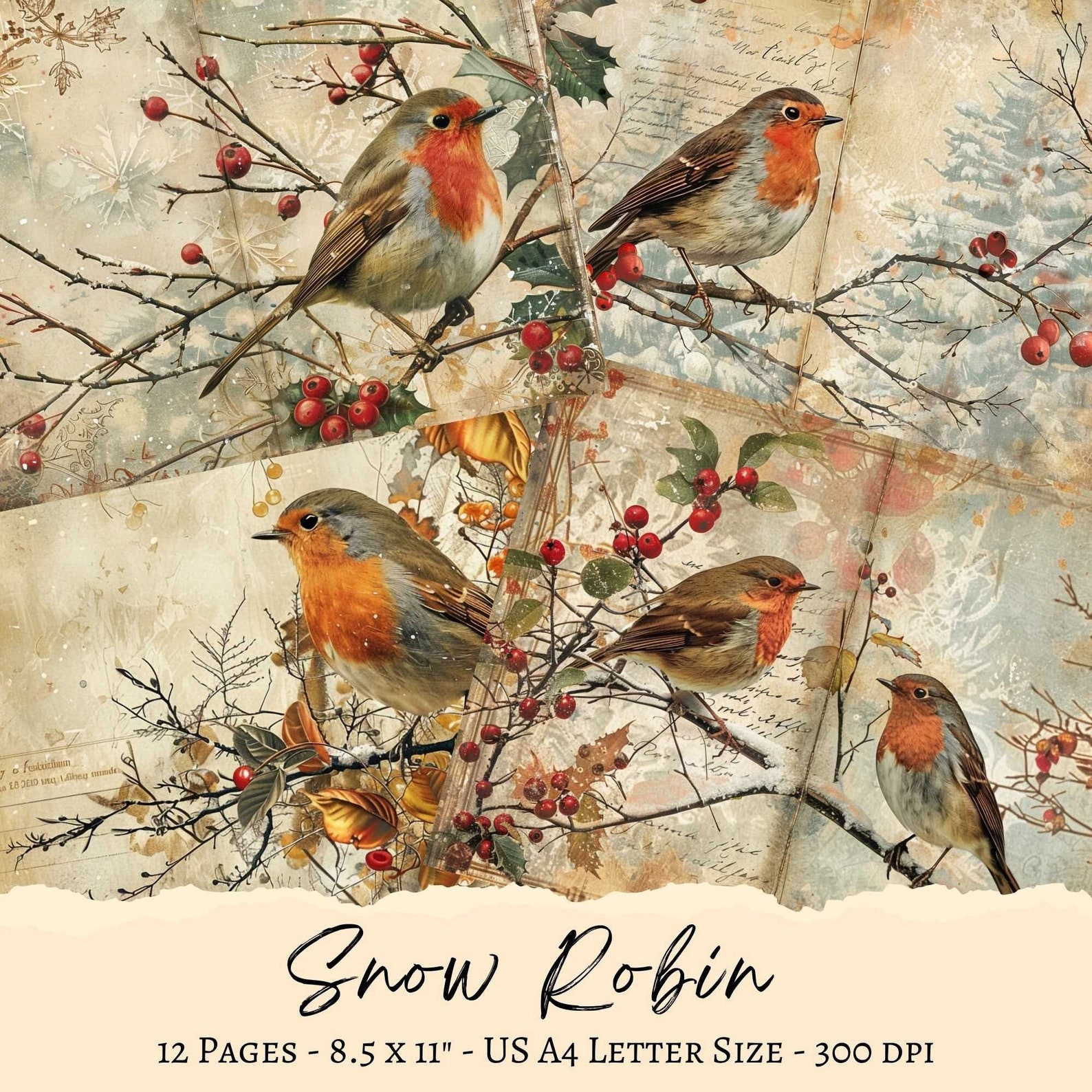 Snow Robin Junk Journal, Robin Bird Page, Robin Paper, Christmas Robin ...