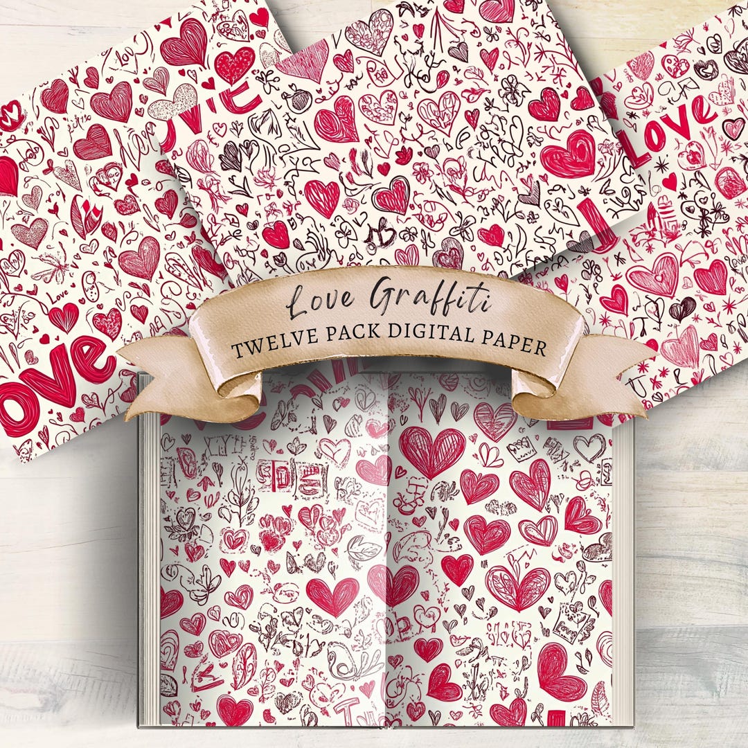 Love Graffiti Digital Paper: Valentine Hearts Scrapbook (digital ...