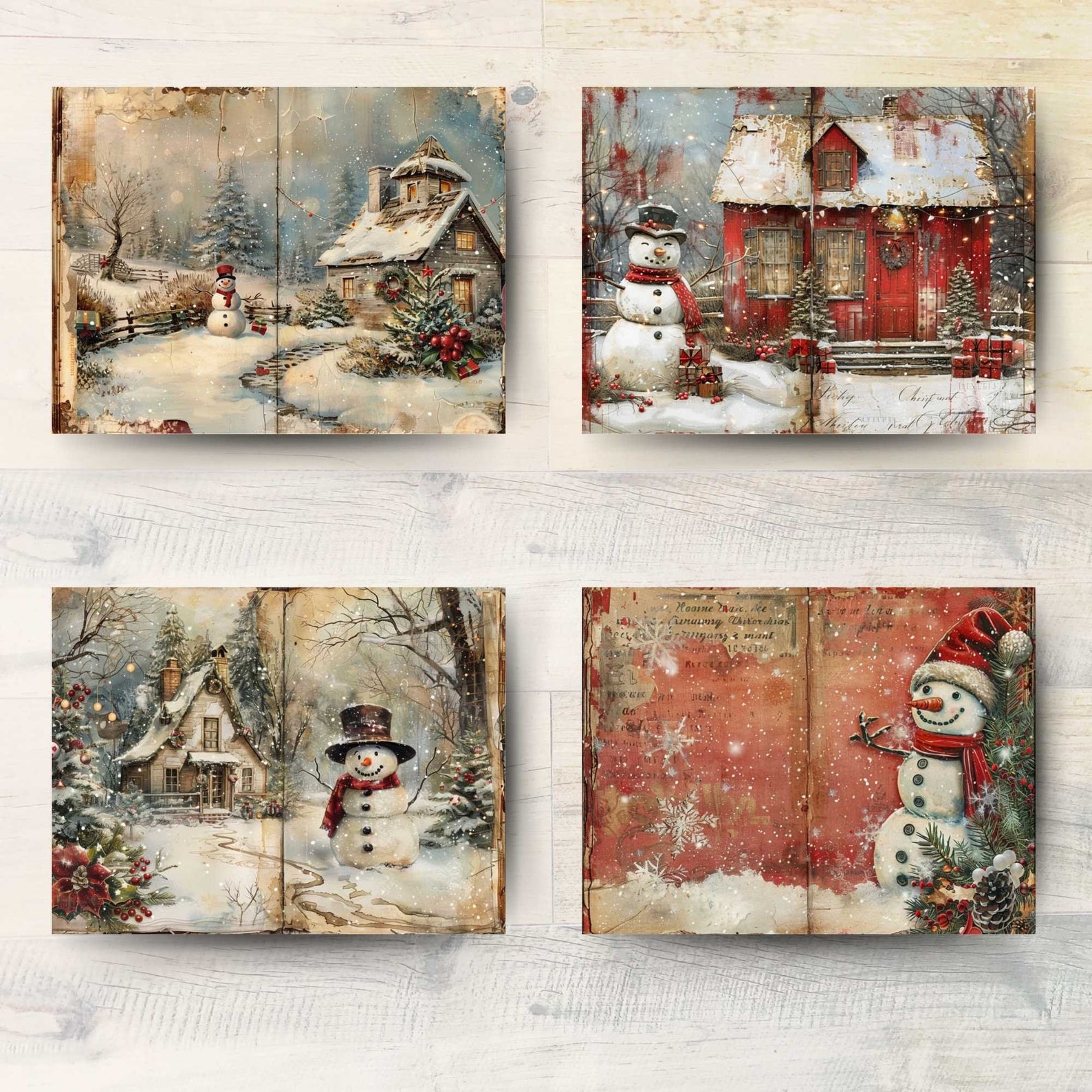 Snowman Junk Journal Paper: Winter Scene, Red Barn (digital Download ...